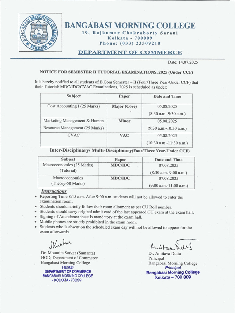 Notice Semester II B.com Tutorial Exam 2025 (Under CCF) | PDF
