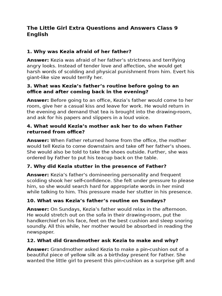 Class 9 Extra Questions: The Little Girl | PDF | Rain