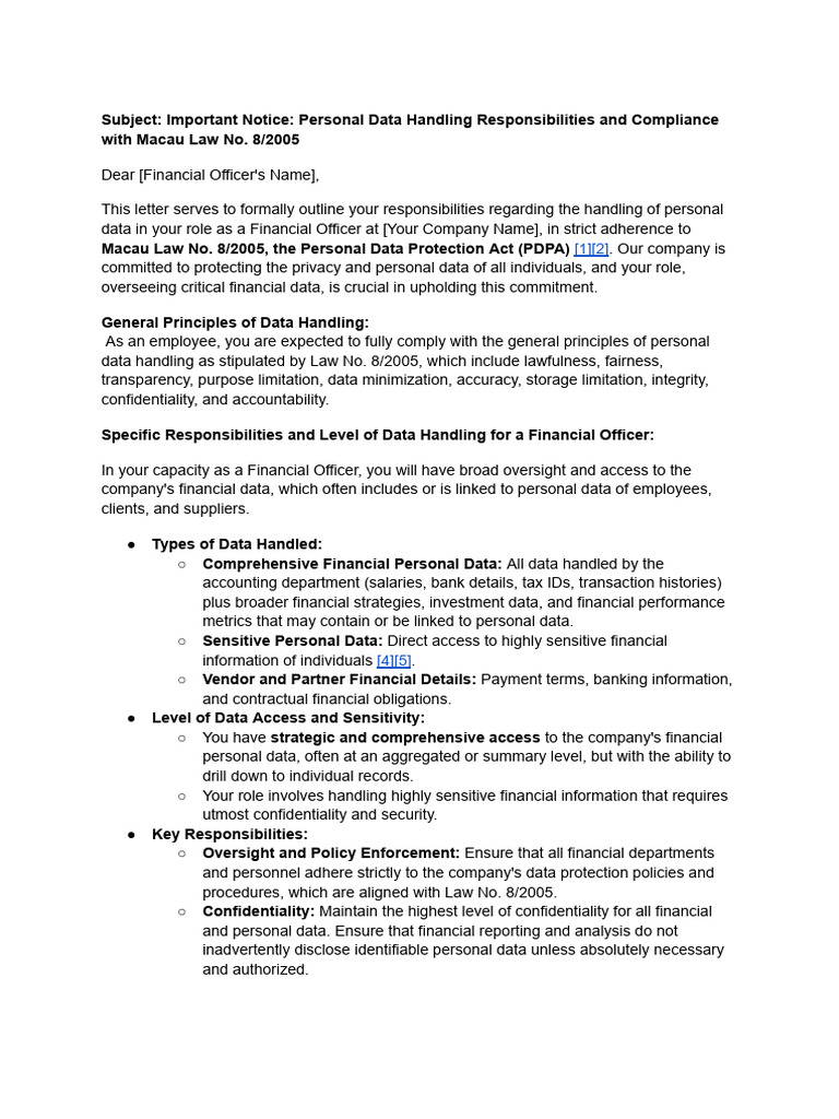 Subject - Important Notice - Personal Data Handling Responsibilities ...