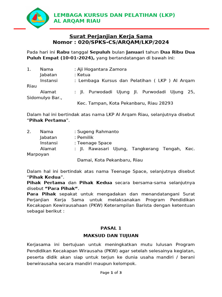 Surat Perjanjian Kerja Sama Teenage Space | PDF