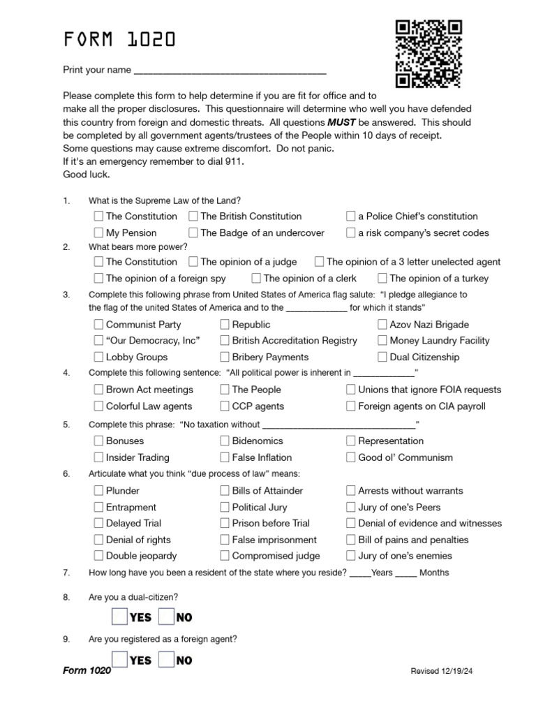 Form 1020 Public Servant Questionaire | PDF | Cost Of Living | Conflict ...