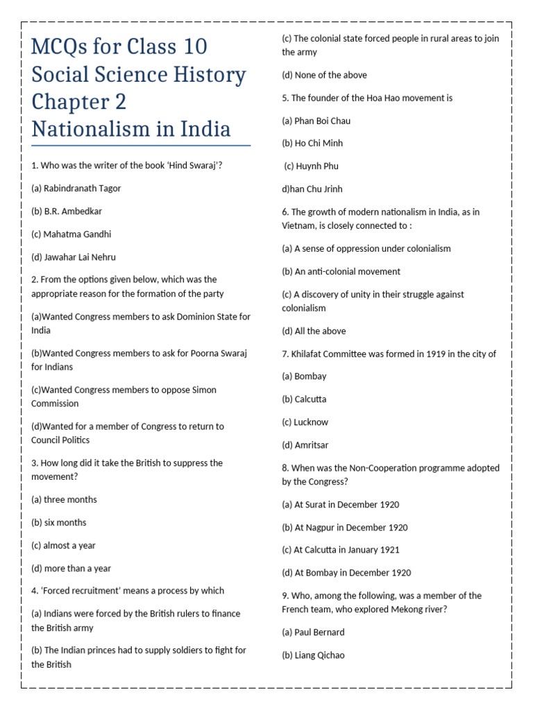 Class 10 History Ch 2 MCQs with Answers | PDF | Mahatma Gandhi ...