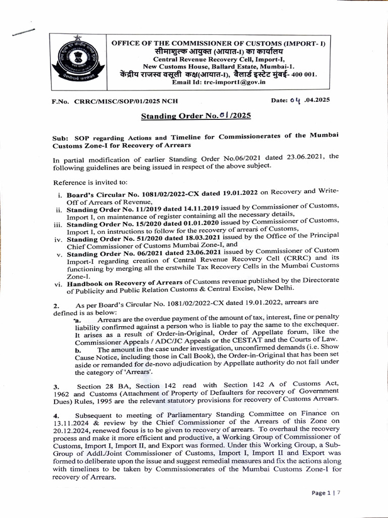 SOP Standing Order No. 01 of 2025 | PDF