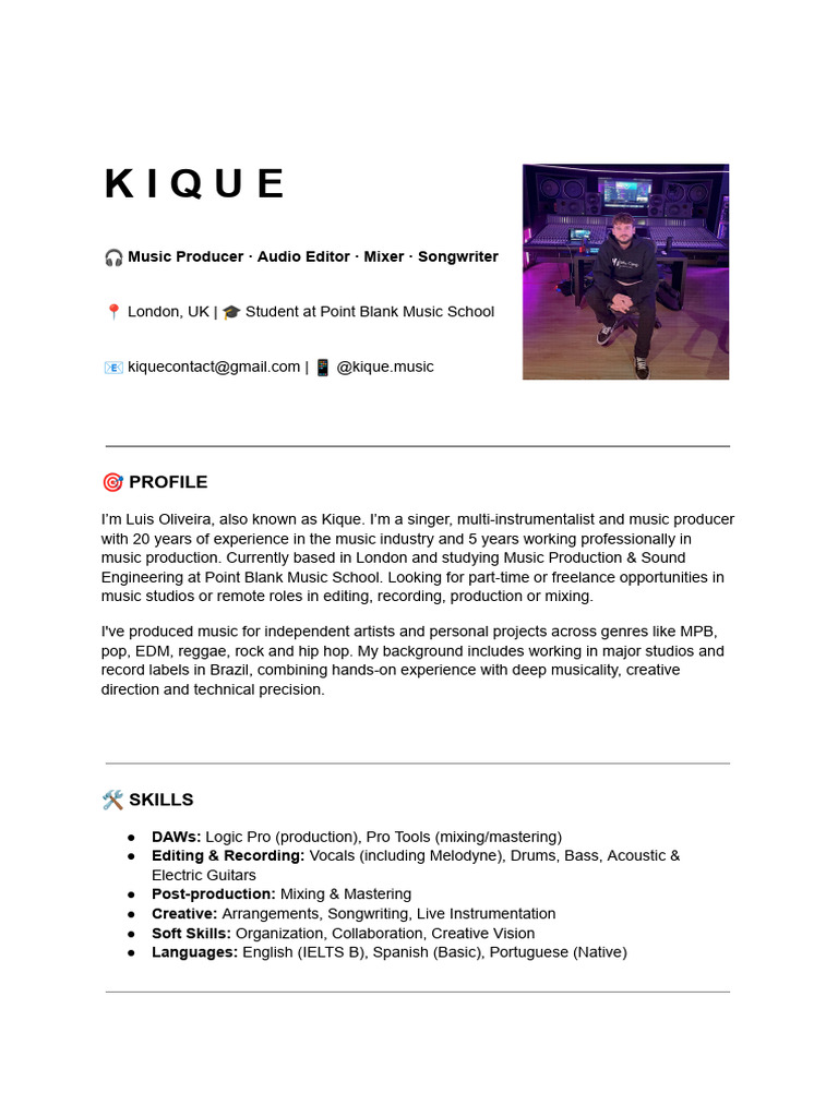 Kique - CV | PDF | Audio Engineer | Musicology