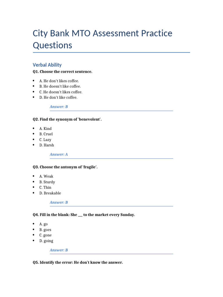 City Bank MTO Exam Practice Questions | PDF