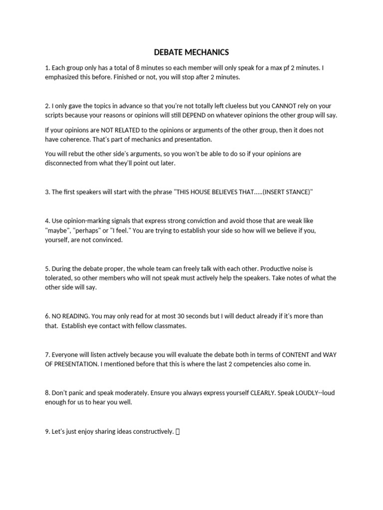 Debate Speech Guidelines and Topics | PDF