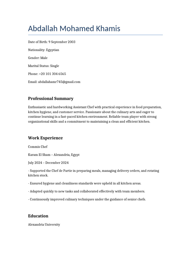 Abdallah Mohamed Assistant Chef CV | PDF