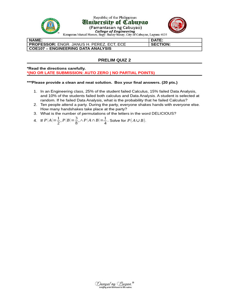 Engineering Data Analysis Quiz 2 | PDF