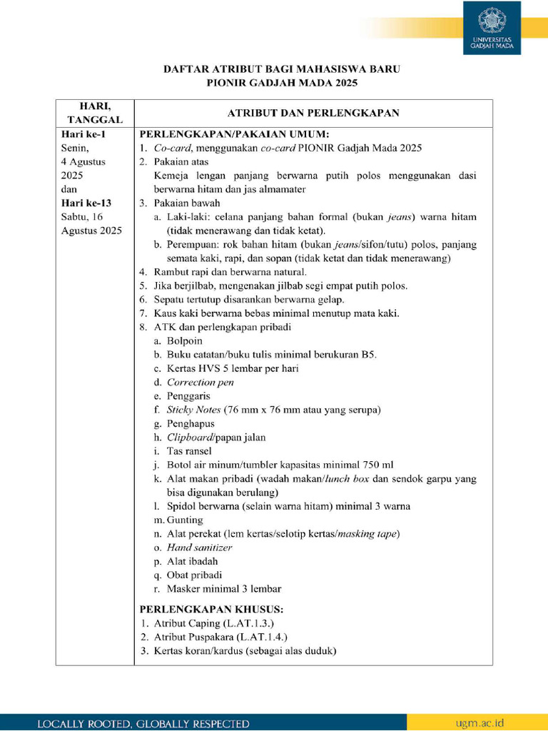 Atribut Pionir UGM 2025 | PDF