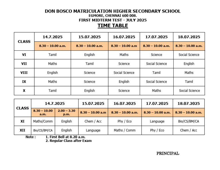 STD 6-12 First Midterm Time Table (2025-2026) | PDF