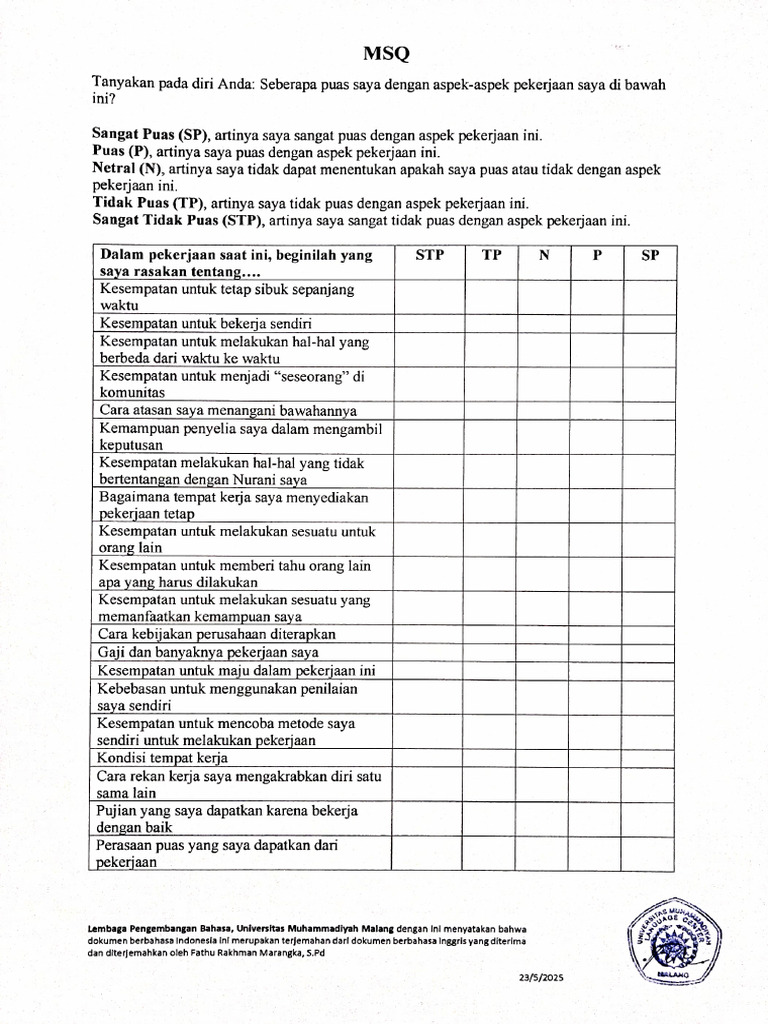 Minnesota Satisfaction Questionnaire. | PDF