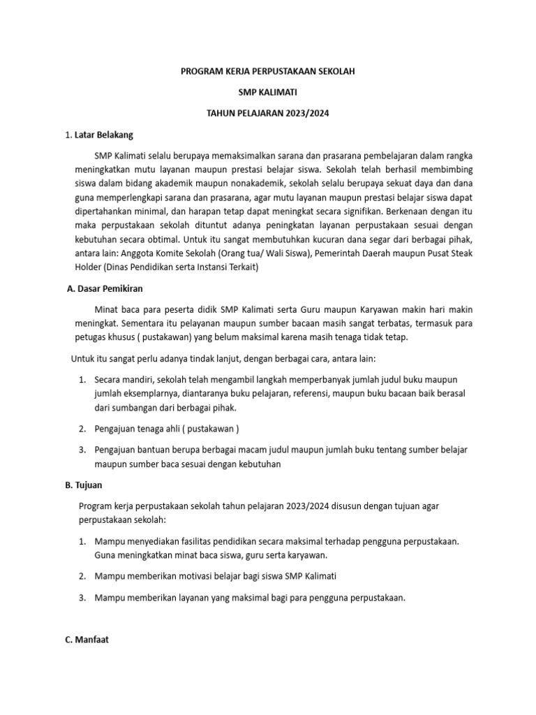 Program Kerja Perpustakaan Sekolah | PDF