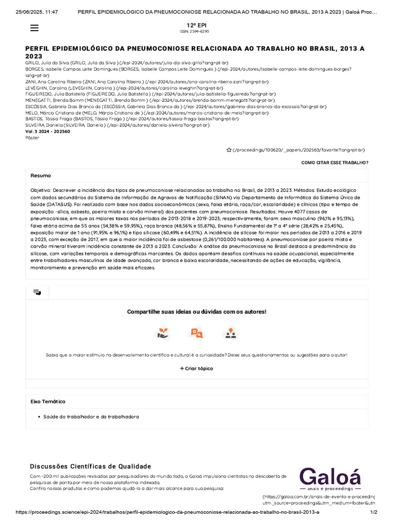Pneumoconiose no Brasil: 2013-2023 | PDF