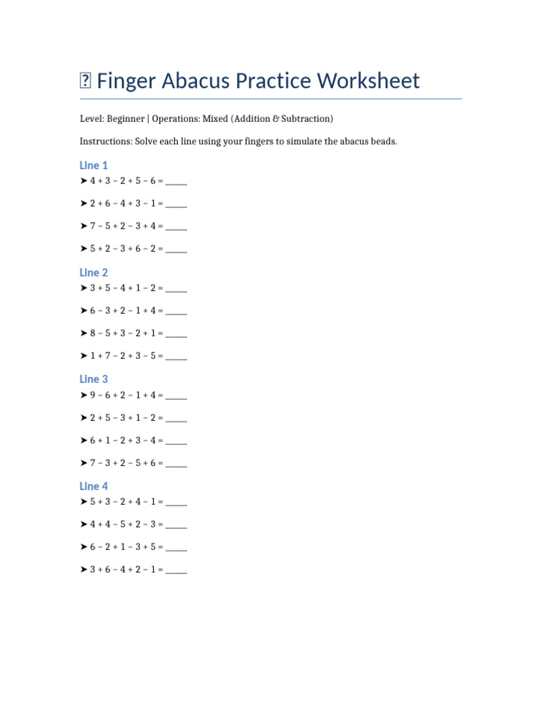 Finger Abacus Practice Worksheet | PDF