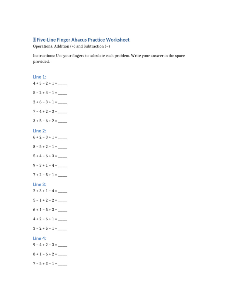 Finger Abacus Addition & Subtraction Worksheet | PDF
