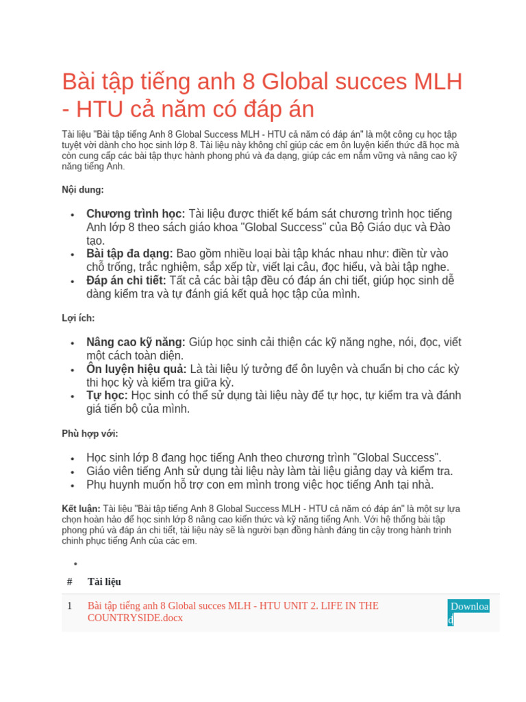 Bài Tập Tiếng Anh 8 Global Succes MLH - HTU Cả Năm Có Đáp Án | PDF