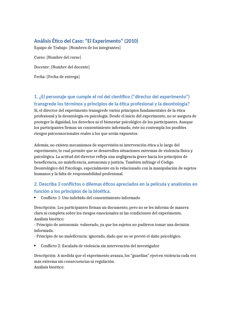 Analisis Etico El Experimento | PDF | Consentimiento informado | Experimentar
