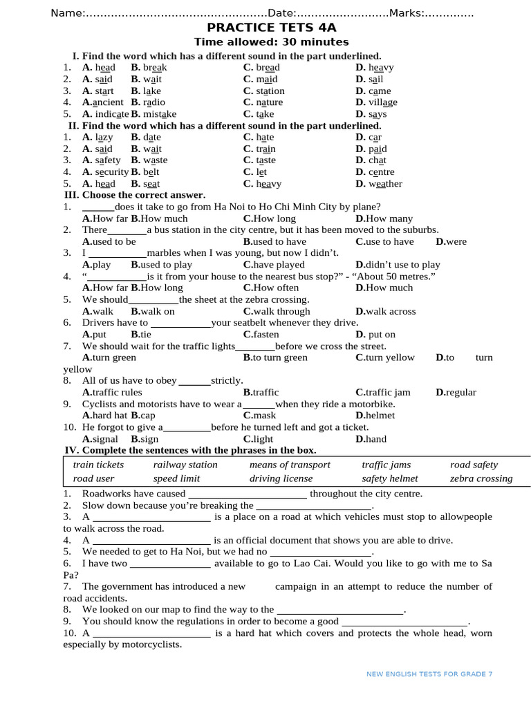 Grade 7 English Practice Test 4A | PDF | Traffic | Road