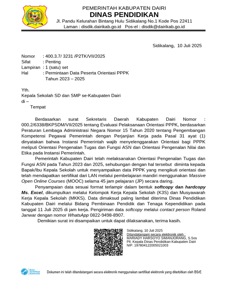 10-07-25 Permintaan Data Orientasi PPPK - Signed | PDF