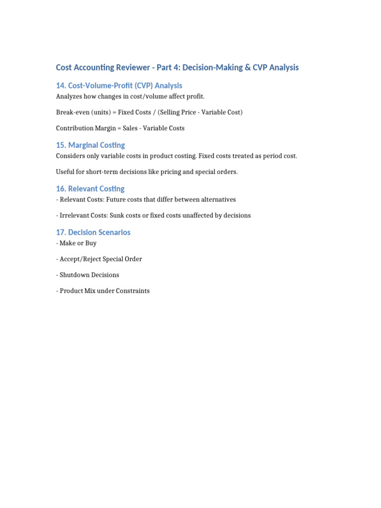 Cost Accounting Reviewer - Part 4 Decision-Making & CVP Analysis | PDF