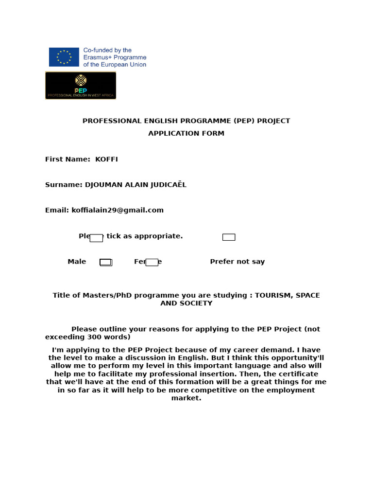 Application Form - PEP Project of Uspg Etp | PDF