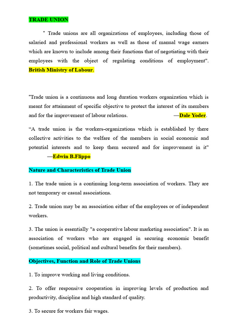 Characteristics and Functions of Trade Unions | PDF | Trade Union ...
