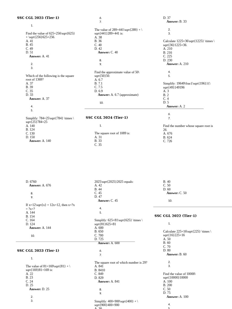 Square Roots For All Exam | PDF | Square Root | Chess