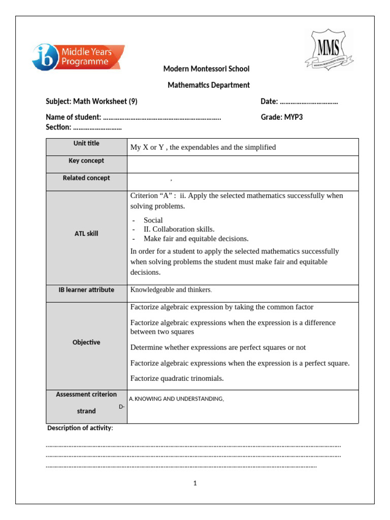 MYP3 Worksheet 9 (Factorisation) | PDF | Mathematics | Factorization