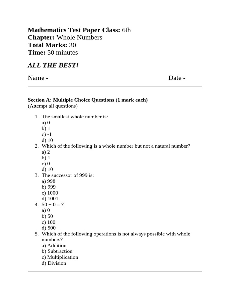 Mathematics Test Paper | PDF