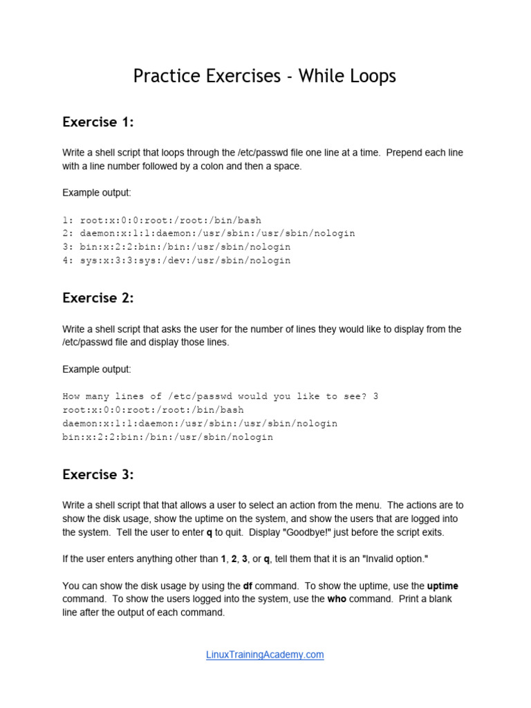 Shell Script While Loop Exercises | PDF | System Software | Software