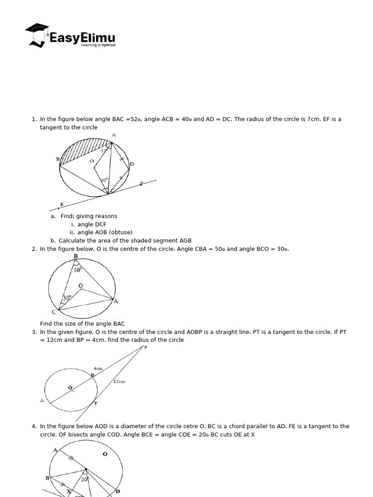 Circles, Chords, and Tangents Exercises | PDF | Circle | Area