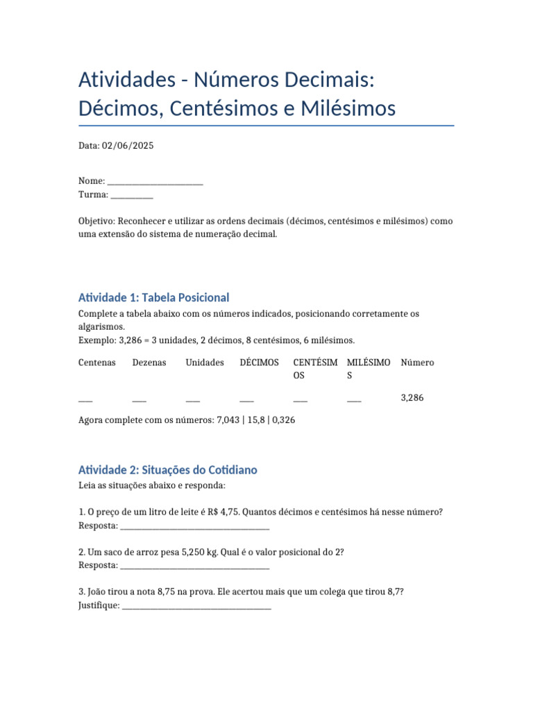 Atividades Numeros Decimais | PDF