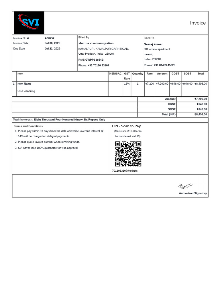 Invoice A00252 Sharma Visa Immigration Neeraj Kumar | PDF | Government ...