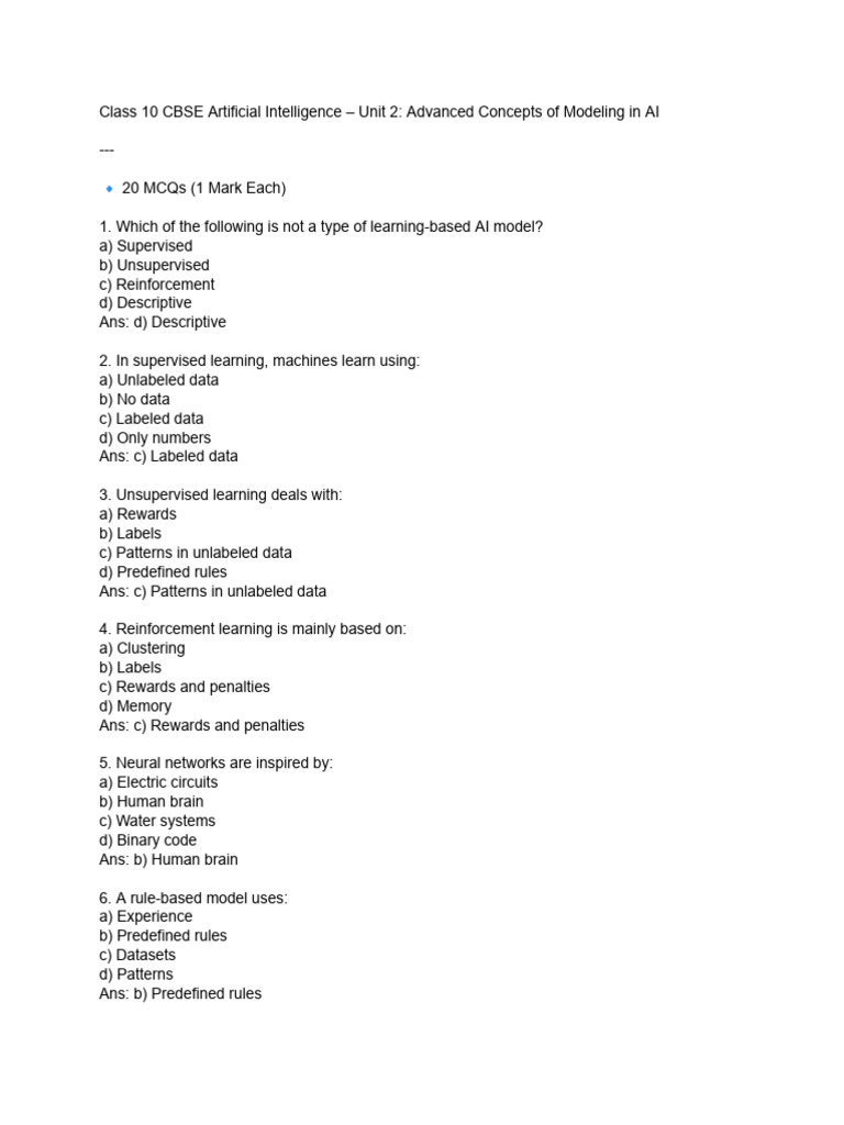 Class 10 AI: Reinforcement Learning MCQs | PDF | Artificial ...