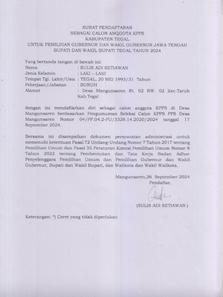 Sulis Adi Setiawan - Surat Pendaftaran | PDF