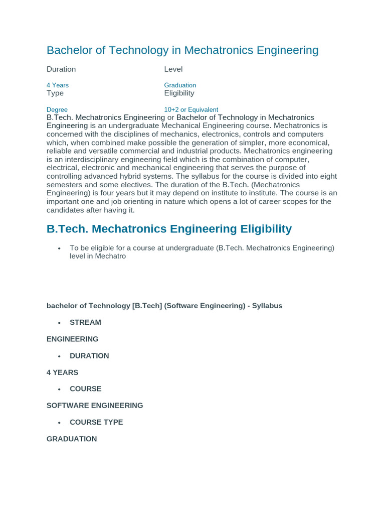 Bachelor of Technology in Mechatronics Engineering | PDF | Engineering | Mechatronics