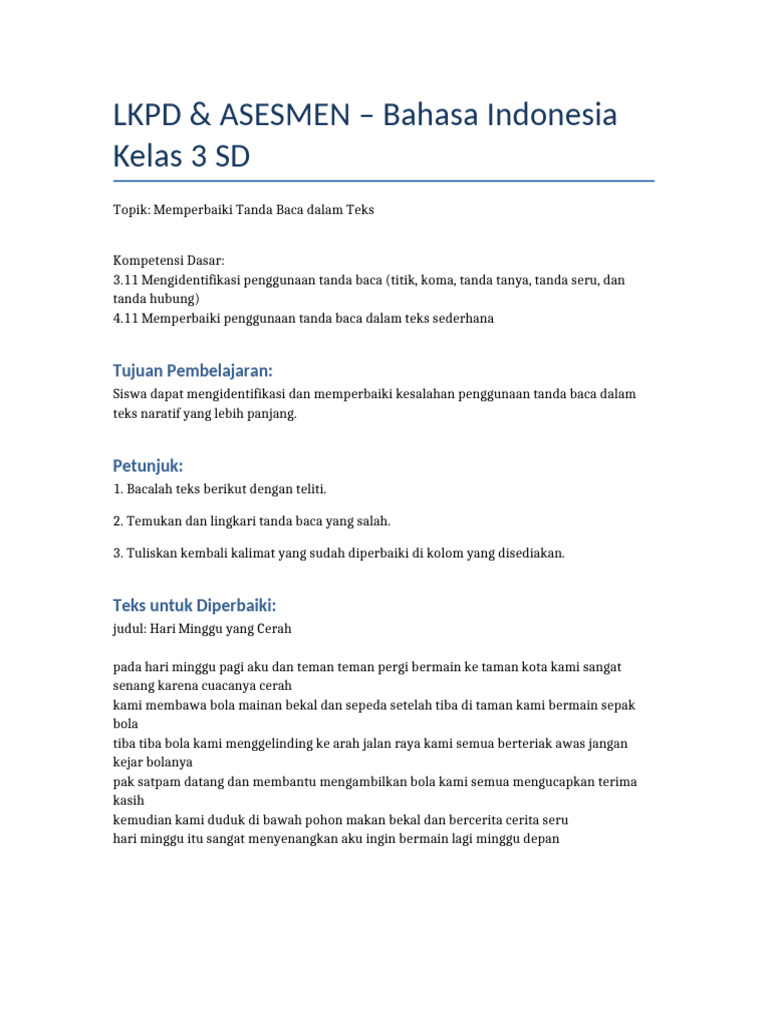 LKPD Tanda Baca Teks Panjang Kelas3 | PDF