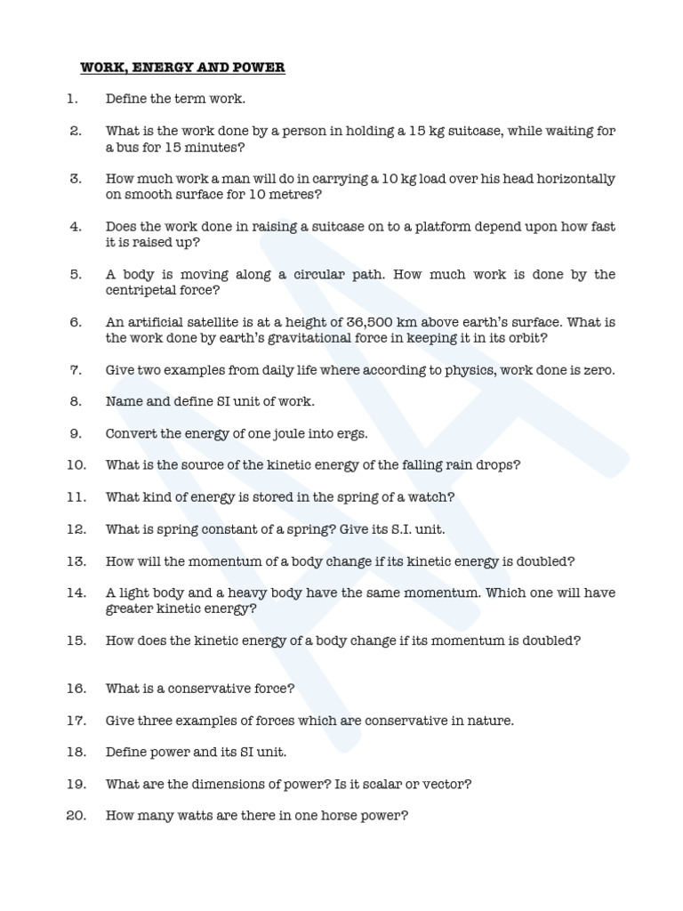 Work, Energy & Power Worksheet | PDF | Force | Potential Energy