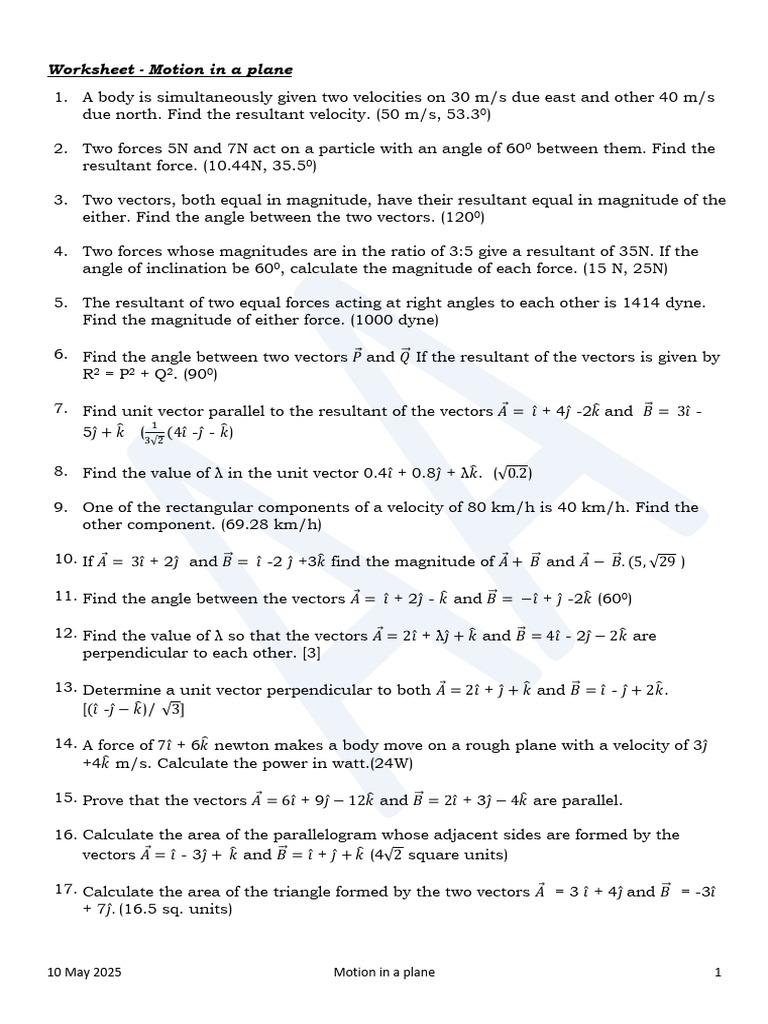 Worksheet 1 Motion in A Plane | PDF | Velocity | Force