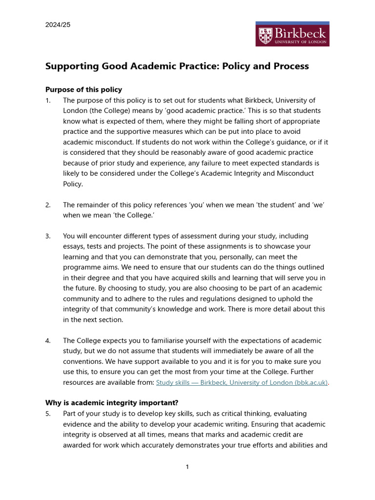 Student Policy 2024 25 Supporting Good Academic Practice | PDF | Academic Integrity | Integrity
