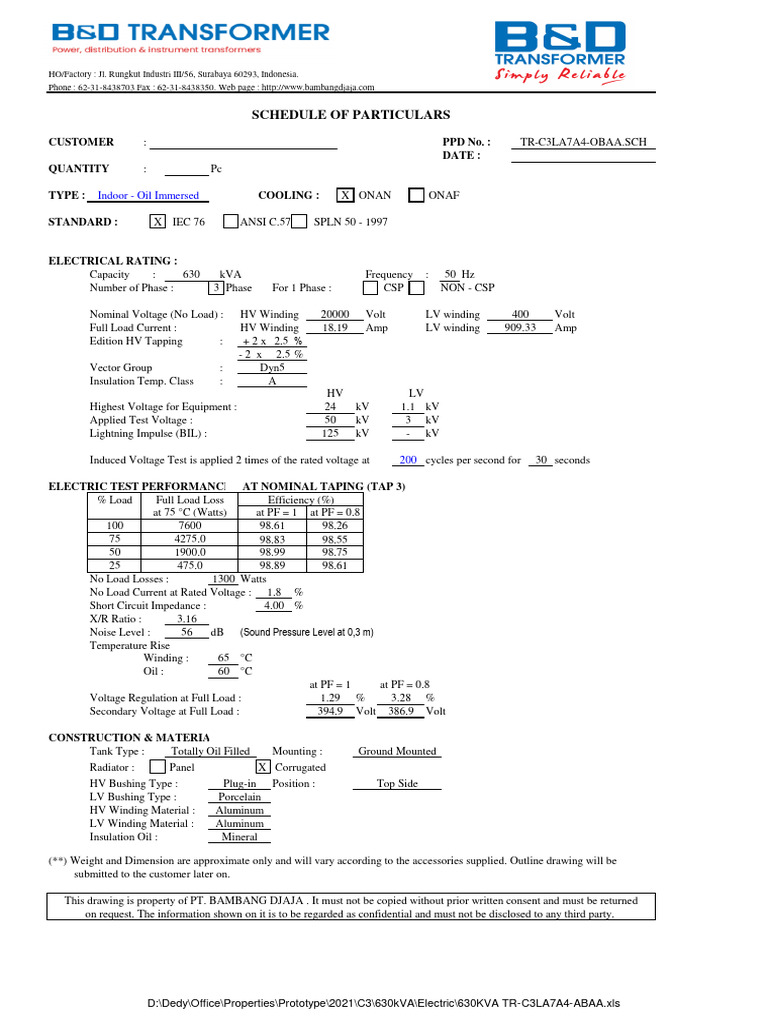630 kVA Dyn5 Transformer Specifications | PDF | Transformer | Electricity