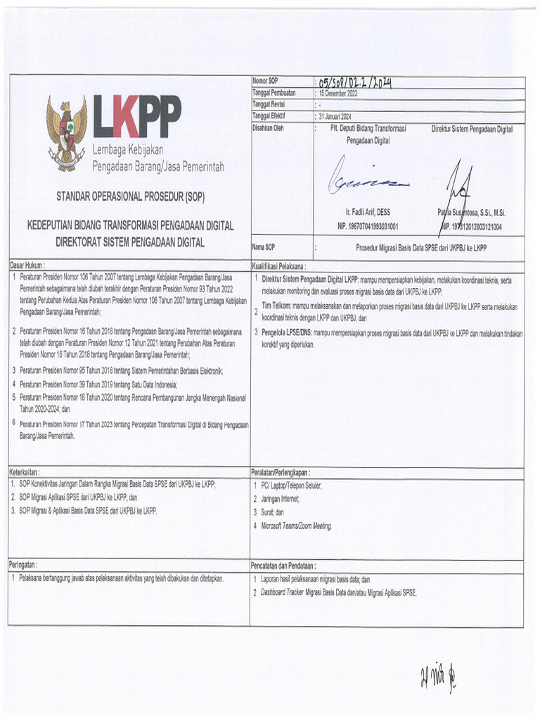 SOP Migrasi Basis Data SPSE Dari UKPBJ Ke LKPP | PDF