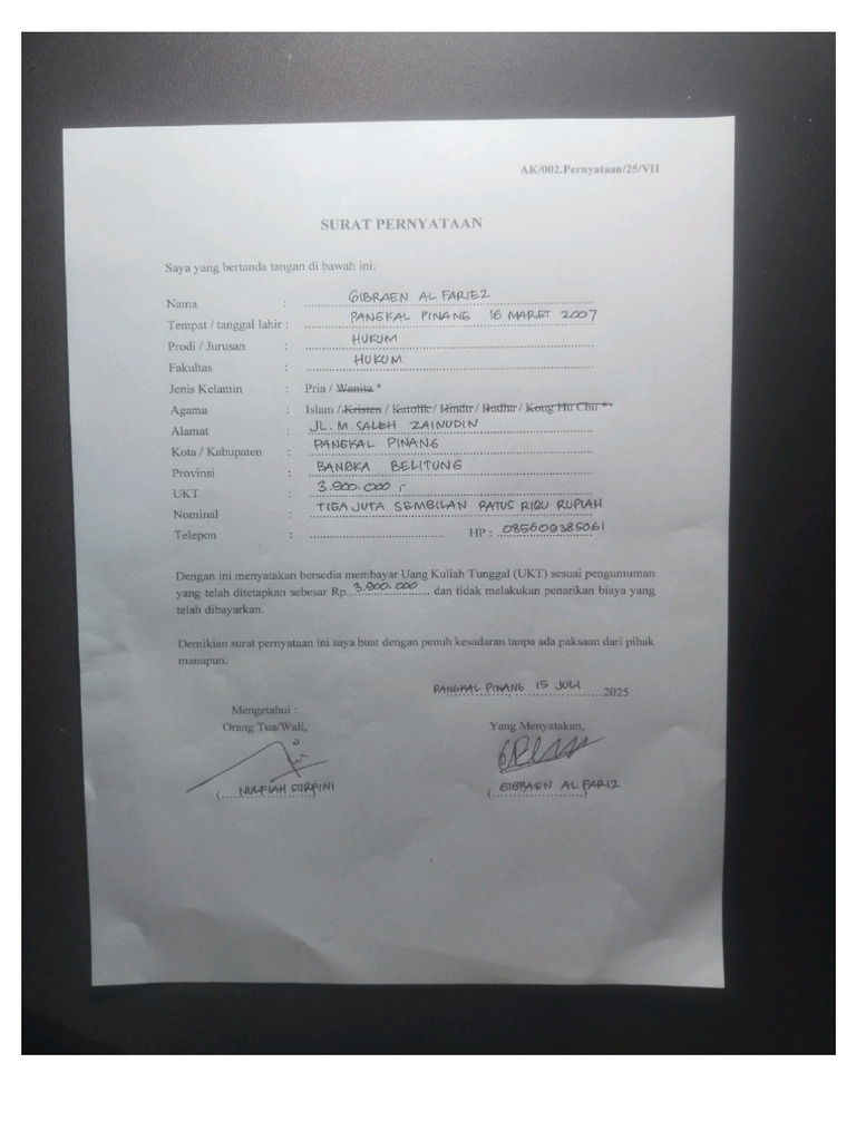 Surat Pernyataan Ukt | PDF