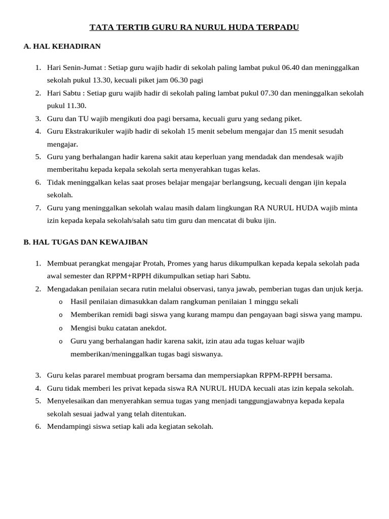 Tata Tertib Guru RA Nurul Huda | PDF