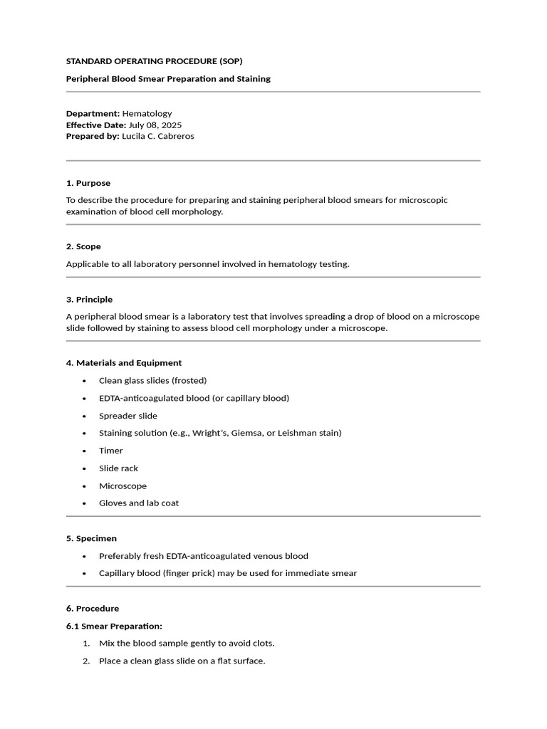 Peripheral Blood Smear SOP | PDF | Staining | Blood