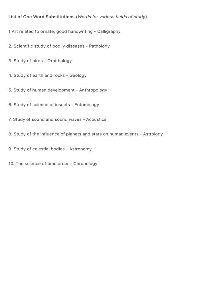 List of One Word Substitutions (Words For Various Fields of Study | PDF