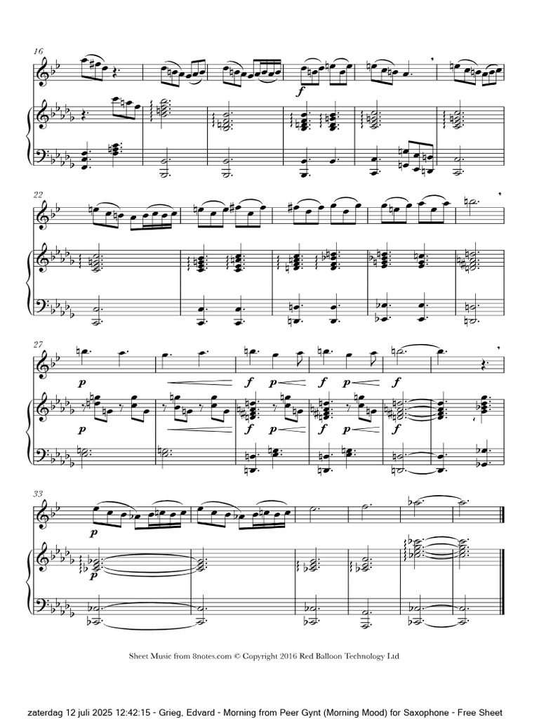 Grieg, Edvard - Morning From Peer Gynt (Morning Mood) For Saxophone 2v2 ...