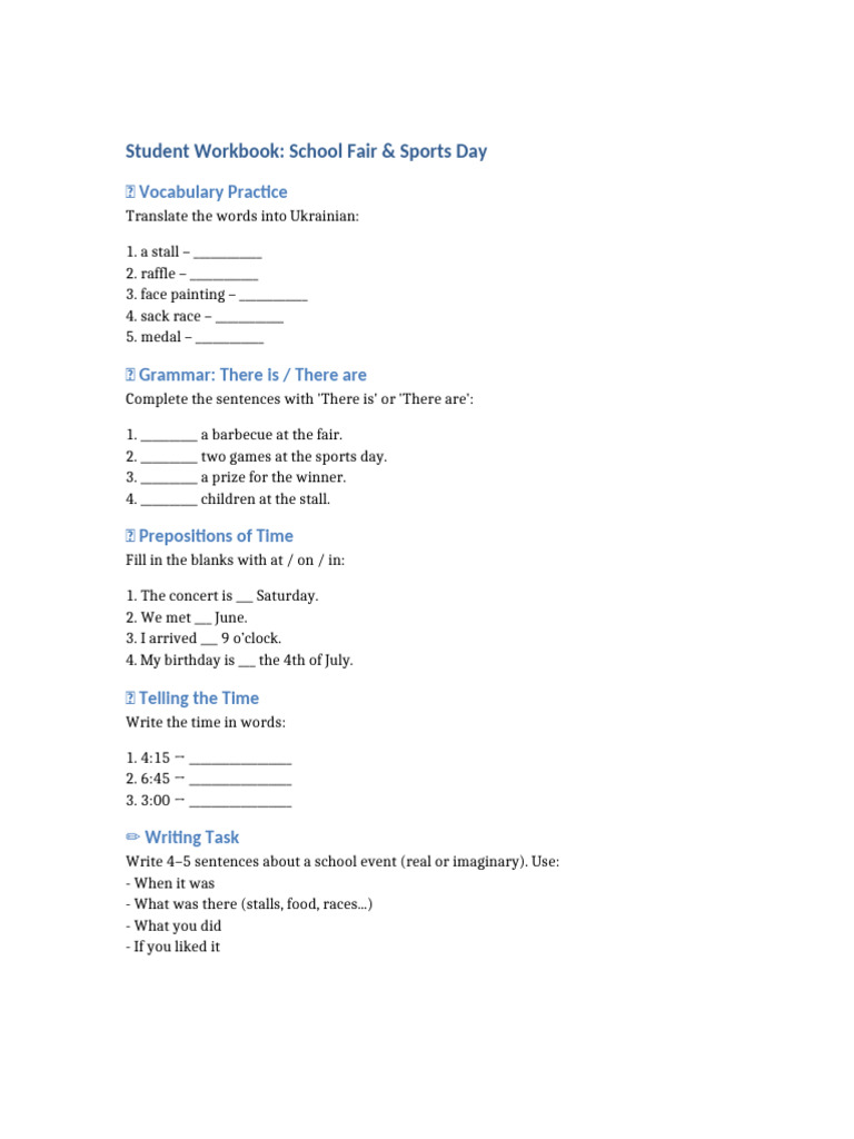 Student Workbook School Fair Sports Day | PDF