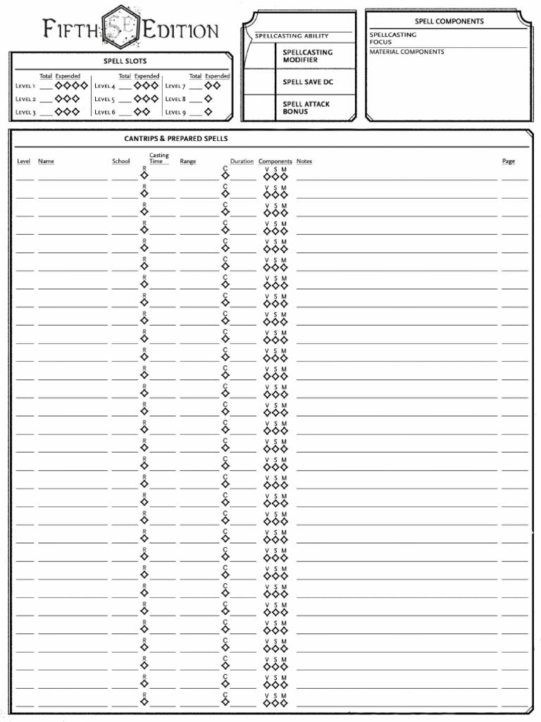 DLDM - 5e24 Character Sheet - Spells | PDF