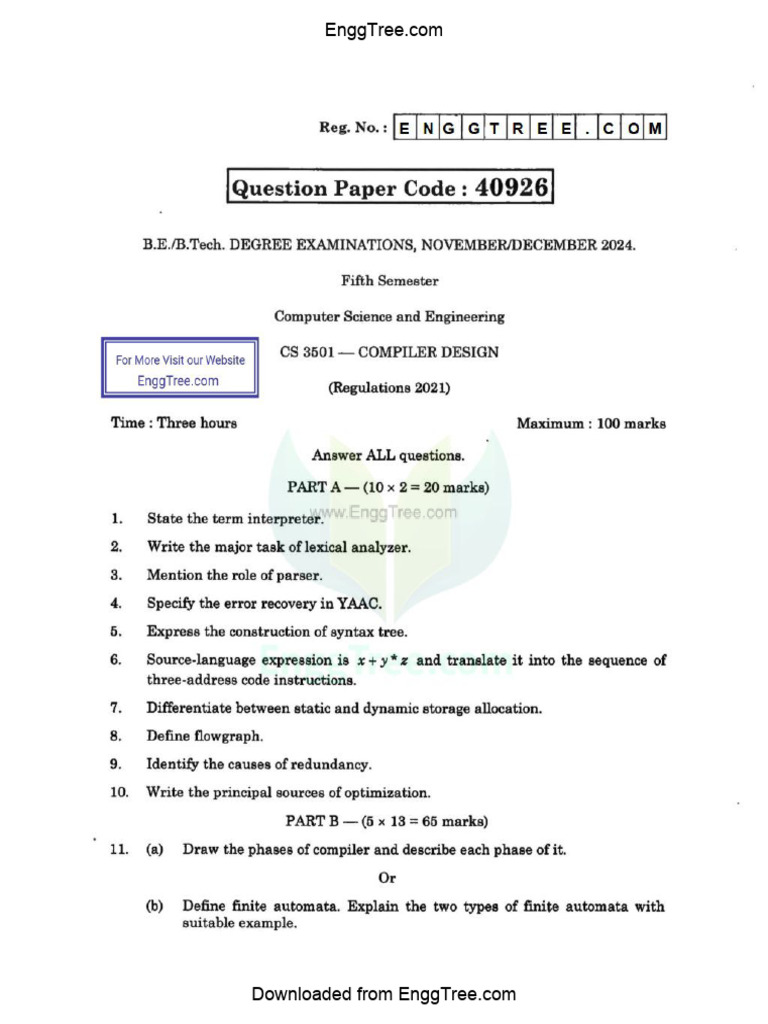 CS3501 Compiler Design Nov Dec 2024 Question Paper Download | PDF